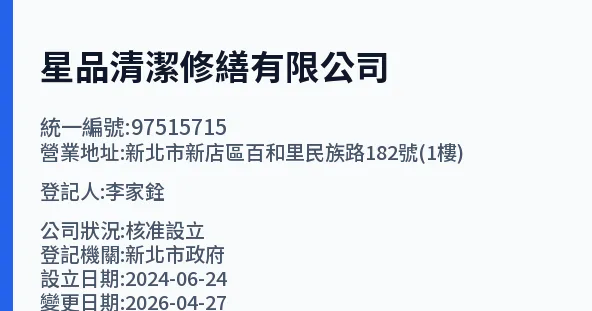 星品清潔修繕有限公司的照片-統編 97515715(新北市) 公司登記資料與營業項目詳細圖表