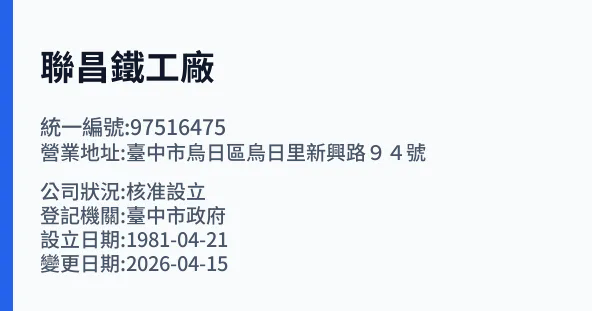 聯昌鐵工廠的照片-統編 97516475(臺中市) 公司登記資料與營業項目詳細圖表