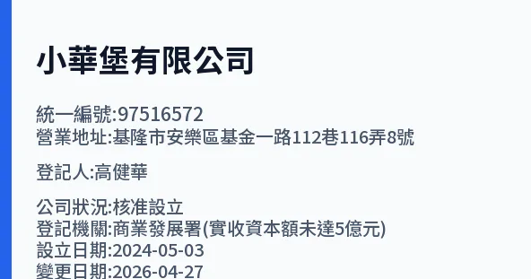小華堡有限公司的照片-統編 97516572(基隆市) 公司登記資料與營業項目詳細圖表