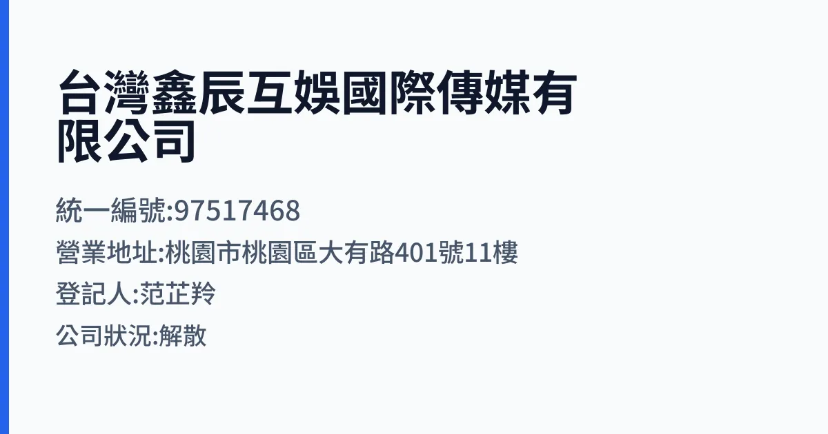 台灣鑫辰互娛國際傳媒有限公司 - 統編 97517468(桃園市) 公司登記資料與營業項目詳細圖表