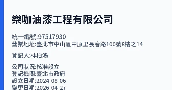 樂咖油漆工程有限公司的照片-統編 97517930(臺北市) 公司登記資料與營業項目詳細圖表