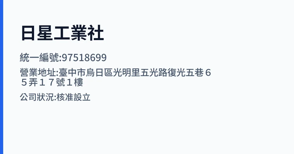 日星工業社 - 統編 97518699(臺中市) 公司登記資料與營業項目詳細圖表