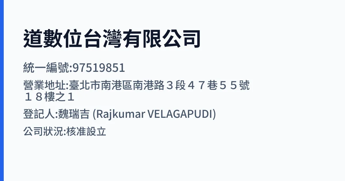 道數位台灣有限公司 - 統編 97519851(臺北市) 公司登記資料與營業項目詳細圖表