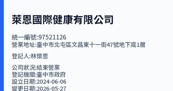 萊恩國際健康有限公司的照片-統編 97521126(臺中市) 公司登記資料與營業項目詳細圖表