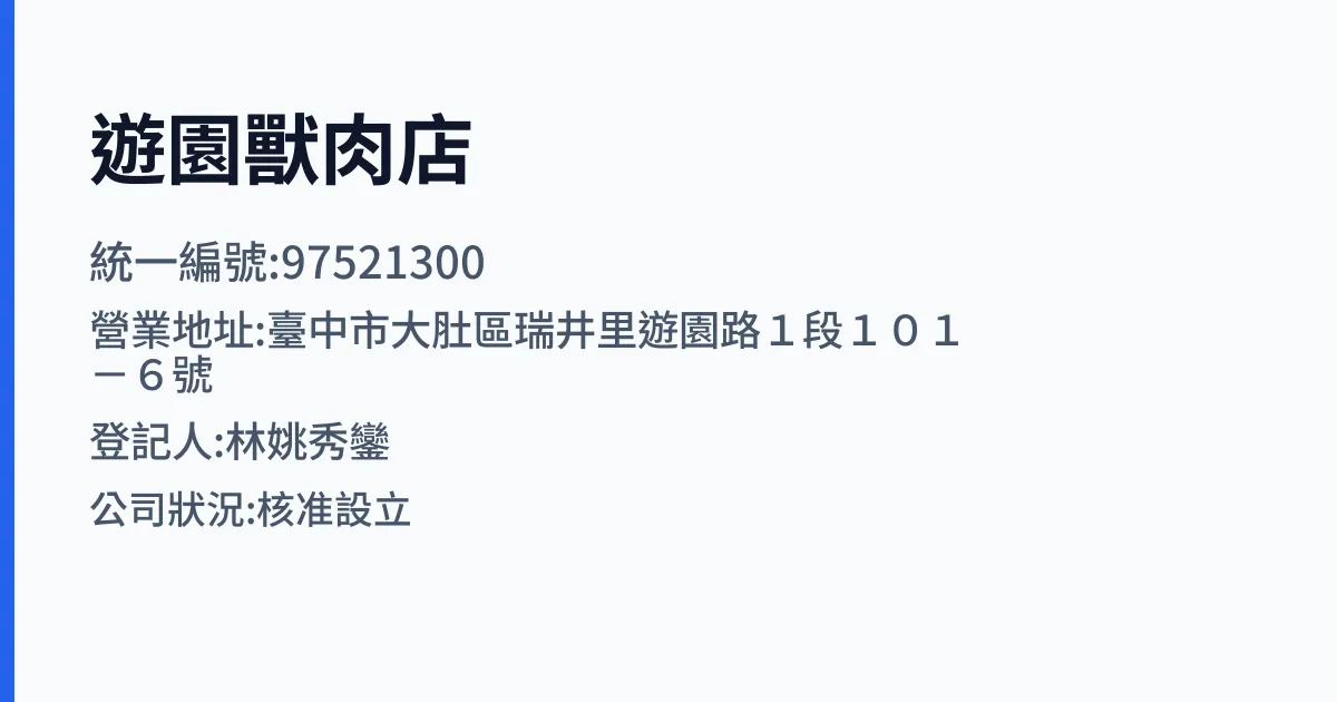 遊園獸肉店 - 統編 97521300(臺中市) 公司登記資料與營業項目詳細圖表