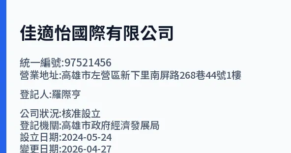 佳適怡國際有限公司的照片-統編 97521456(高雄市) 公司登記資料與營業項目詳細圖表