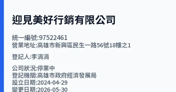 迎見美好行銷有限公司的照片-統編 97522461(高雄市) 公司登記資料與營業項目詳細圖表