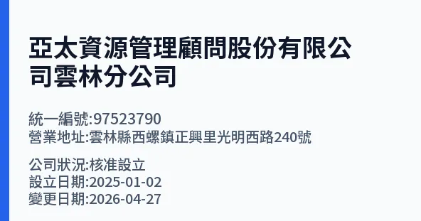 亞太資源管理顧問股份有限公司雲林分公司的照片-統編 97523790(雲林縣) 公司登記資料與營業項目詳細圖表