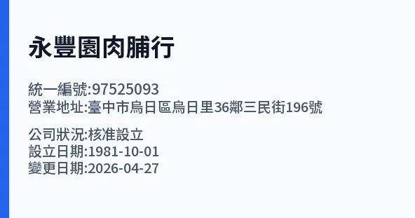 永豐園肉脯行的照片-統編 97525093(臺中市) 公司登記資料與營業項目詳細圖表