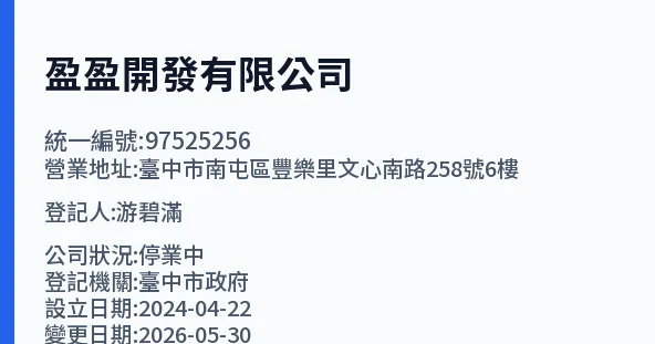 盈盈開發有限公司的照片-統編 97525256(臺中市) 公司登記資料與營業項目詳細圖表