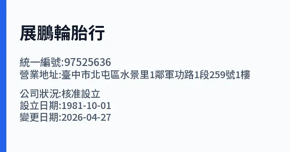 展鵬輪胎行的照片-統編 97525636(臺中市) 公司登記資料與營業項目詳細圖表