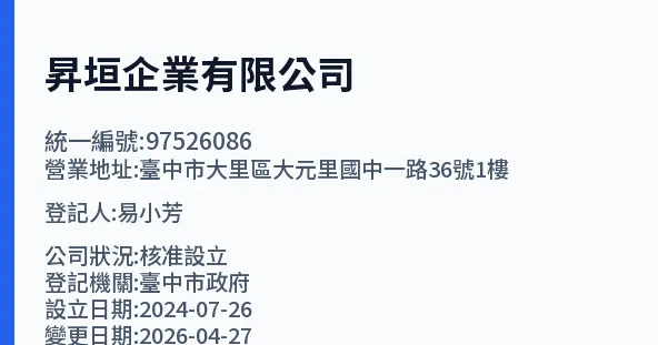 昇垣企業有限公司的照片-統編 97526086(臺中市) 公司登記資料與營業項目詳細圖表