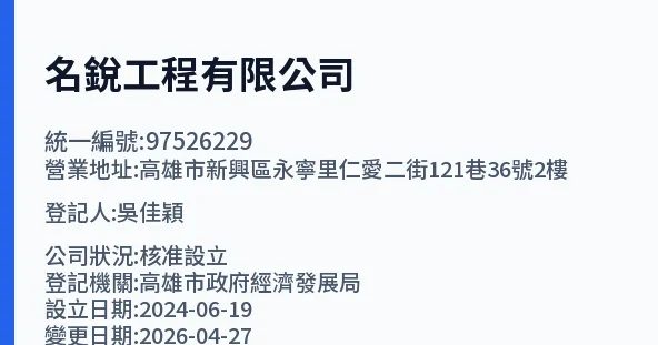名銳工程有限公司的照片-統編 97526229(高雄市) 公司登記資料與營業項目詳細圖表