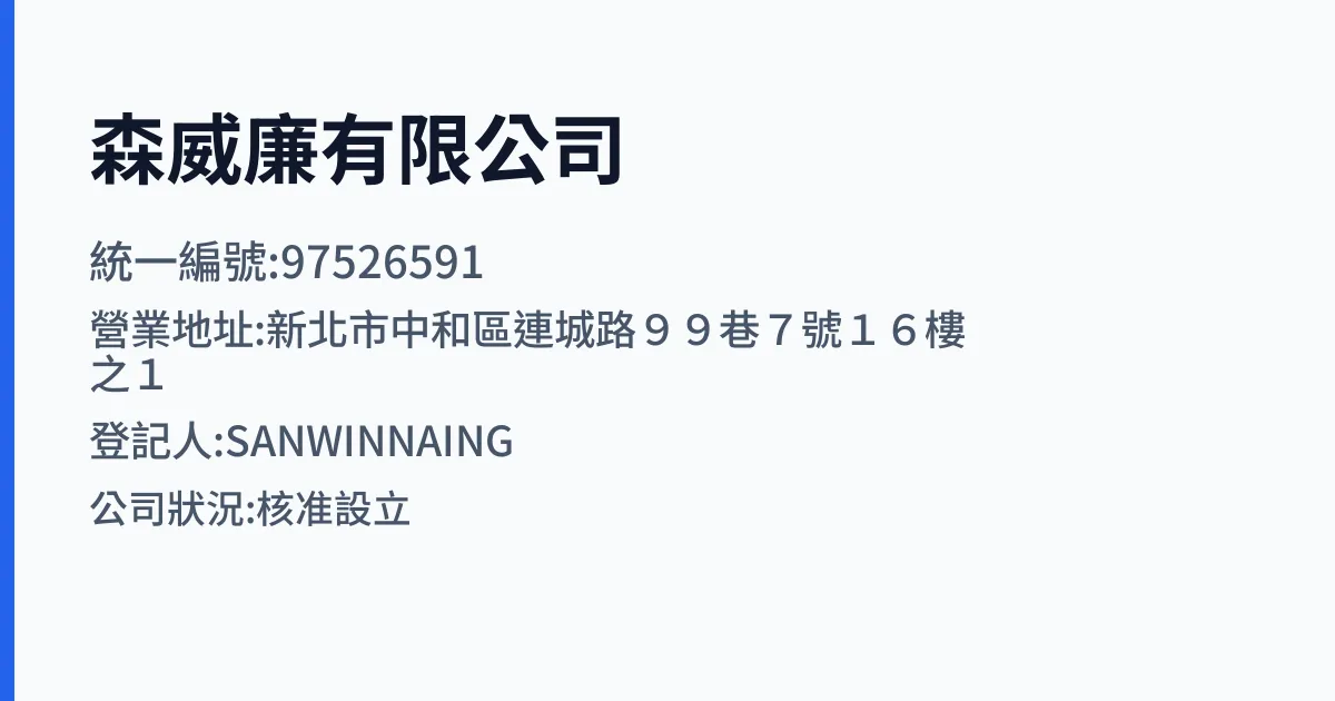 森威廉有限公司 - 統編 97526591(新北市) 公司登記資料與營業項目詳細圖表
