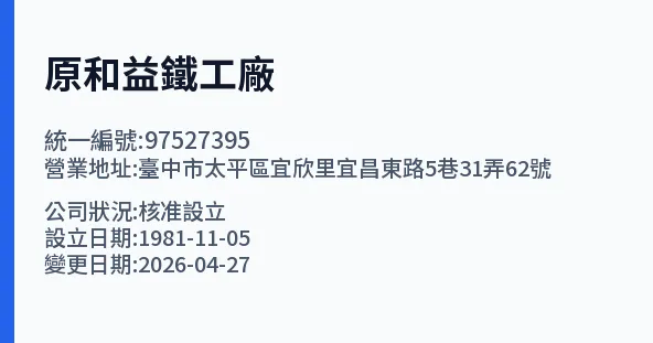 原和益鐵工廠的照片-統編 97527395(臺中市) 公司登記資料與營業項目詳細圖表