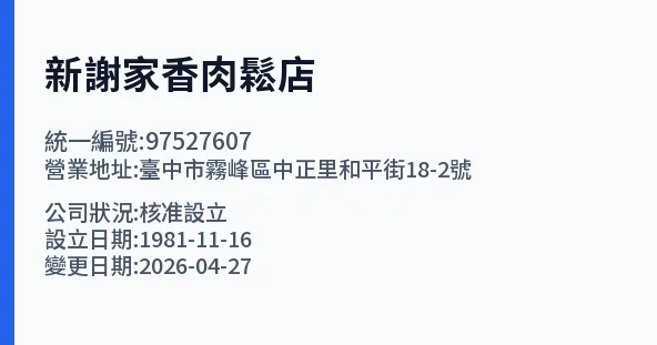 新謝家香肉鬆店的照片-統編 97527607(臺中市) 公司登記資料與營業項目詳細圖表