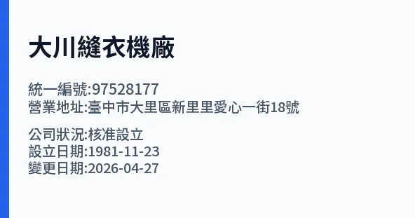 大川縫衣機廠的照片-統編 97528177(臺中市) 公司登記資料與營業項目詳細圖表