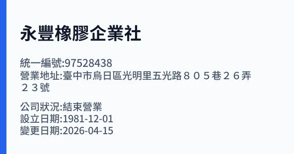 永豐橡膠企業社的照片-統編 97528438(臺中市) 公司登記資料與營業項目詳細圖表