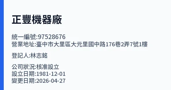 正豐機器廠的照片-統編 97528676(臺中市) 公司登記資料與營業項目詳細圖表