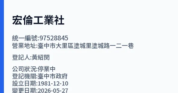 宏倫工業社的照片-統編 97528845(臺中市) 公司登記資料與營業項目詳細圖表