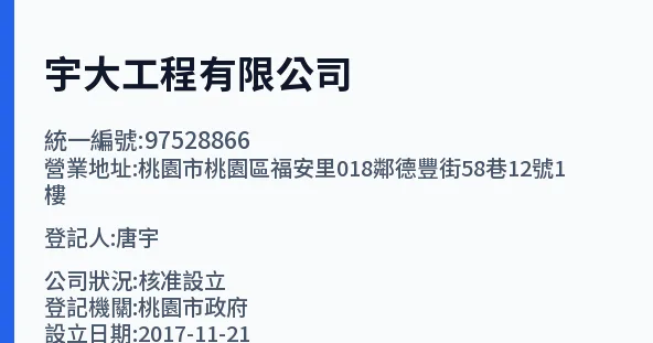 宇大工程有限公司的照片-統編 97528866(桃園市) 公司登記資料與營業項目詳細圖表