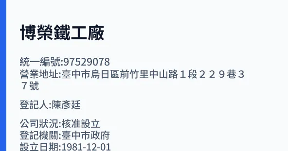 博榮鐵工廠的照片-統編 97529078(臺中市) 公司登記資料與營業項目詳細圖表