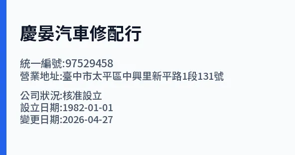 慶晏汽車修配行的照片-統編 97529458(臺中市) 公司登記資料與營業項目詳細圖表