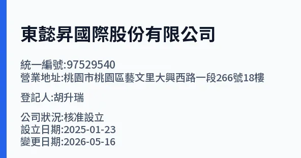 東懿昇國際股份有限公司的照片-統編 97529540(桃園市) 公司登記資料與營業項目詳細圖表