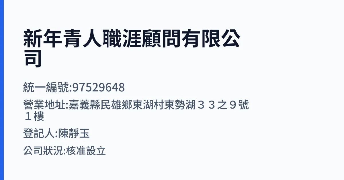新年青人職涯顧問有限公司 - 統編 97529648(嘉義縣) 公司登記資料與營業項目詳細圖表
