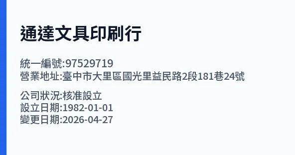 通達文具印刷行的照片-統編 97529719(臺中市) 公司登記資料與營業項目詳細圖表