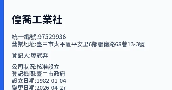偟喬工業社的照片-統編 97529936(臺中市) 公司登記資料與營業項目詳細圖表