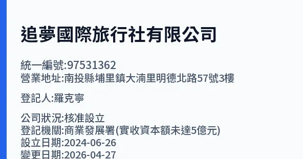 追夢國際旅行社有限公司的照片-統編 97531362(南投縣) 公司登記資料與營業項目詳細圖表