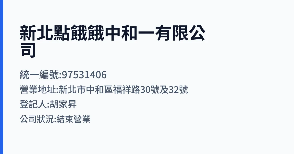 新北點餓餓中和一有限公司 - 統編 97531406(新北市) 公司登記資料與營業項目詳細圖表