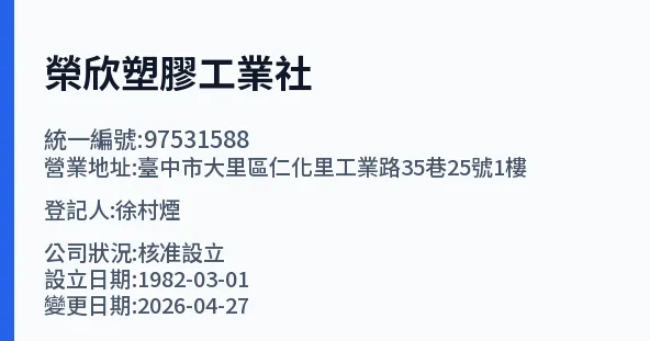 榮欣塑膠工業社的照片-統編 97531588(臺中市) 公司登記資料與營業項目詳細圖表