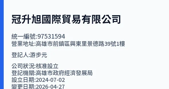 冠升旭國際貿易有限公司的照片-統編 97531594(高雄市) 公司登記資料與營業項目詳細圖表