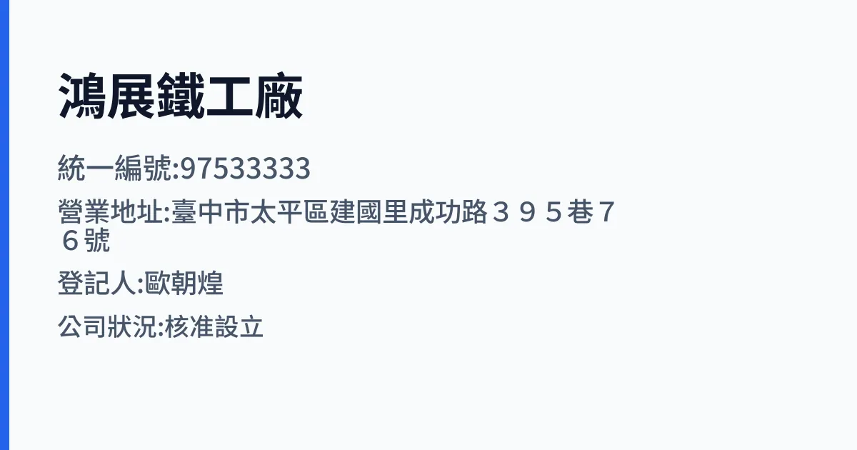 鴻展鐵工廠 - 統編 97533333(臺中市) 公司登記資料與營業項目詳細圖表