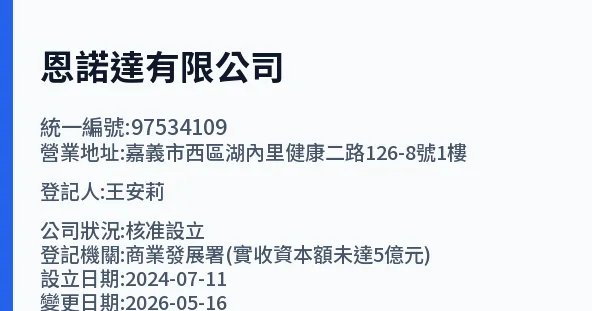 恩諾達有限公司的照片-統編 97534109(嘉義市) 公司登記資料與營業項目詳細圖表