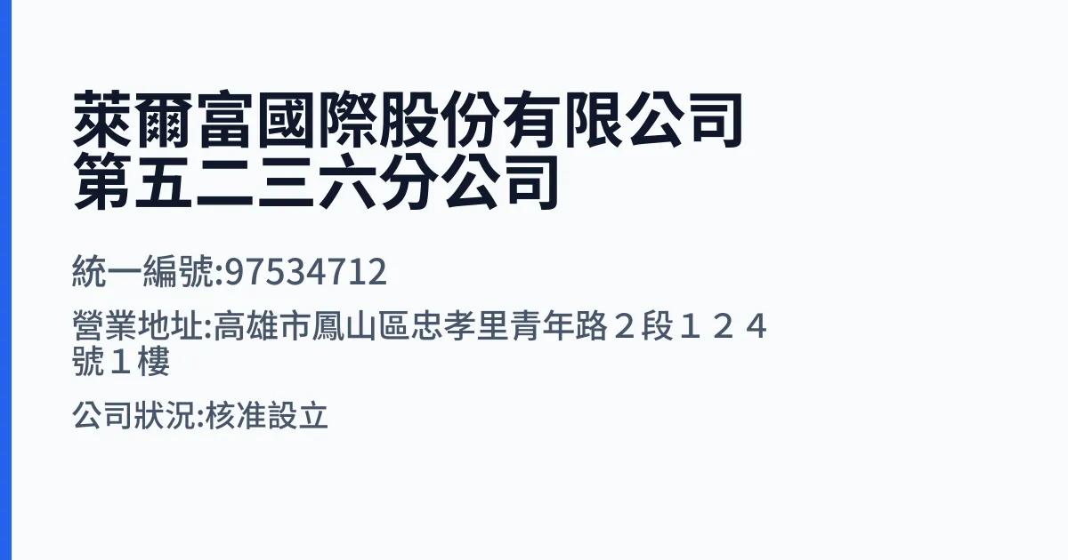 萊爾富國際股份有限公司第五二三六分公司 - 統編 97534712(高雄市) 公司登記資料與營業項目詳細圖表