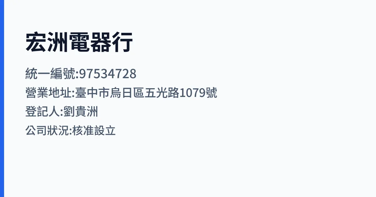 宏洲電器行 - 統編 97534728(臺中市) 公司登記資料與營業項目詳細圖表