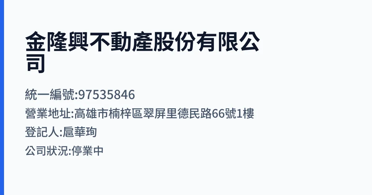 金隆興不動產股份有限公司 - 統編 97535846(高雄市) 公司登記資料與營業項目詳細圖表