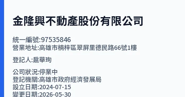 金隆興不動產股份有限公司的照片-統編 97535846(高雄市) 公司登記資料與營業項目詳細圖表