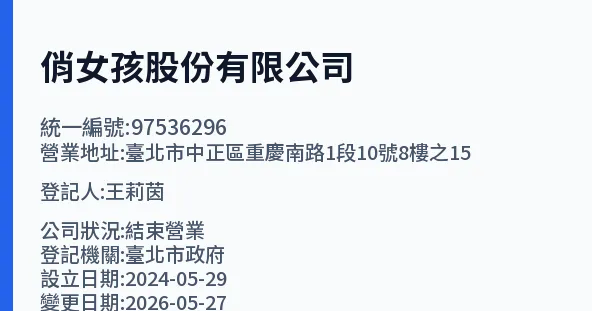 俏女孩股份有限公司的照片-統編 97536296(臺北市) 公司登記資料與營業項目詳細圖表