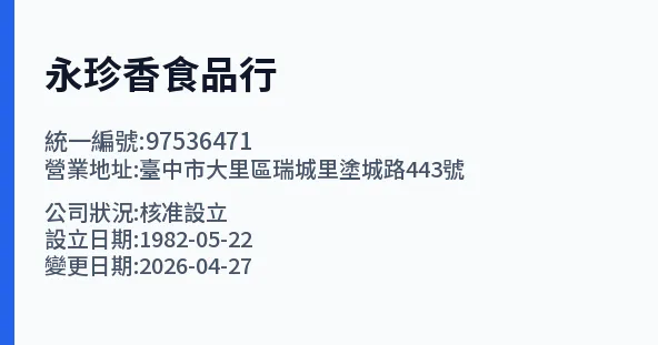 永珍香食品行的照片-統編 97536471(臺中市) 公司登記資料與營業項目詳細圖表