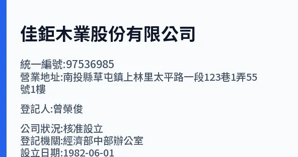 佳鉅木業股份有限公司的照片-統編 97536985(南投縣) 公司登記資料與營業項目詳細圖表