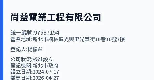 尚益電業工程有限公司的照片-統編 97537154(新北市) 公司登記資料與營業項目詳細圖表