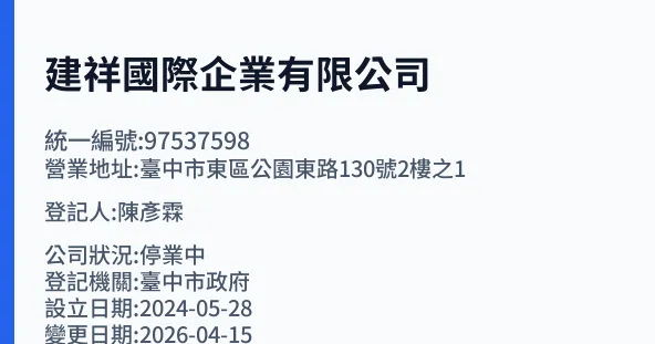 建祥國際企業有限公司的照片-統編 97537598(臺中市) 公司登記資料與營業項目詳細圖表