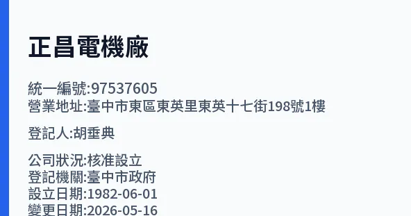 正昌電機廠的照片-統編 97537605(臺中市) 公司登記資料與營業項目詳細圖表