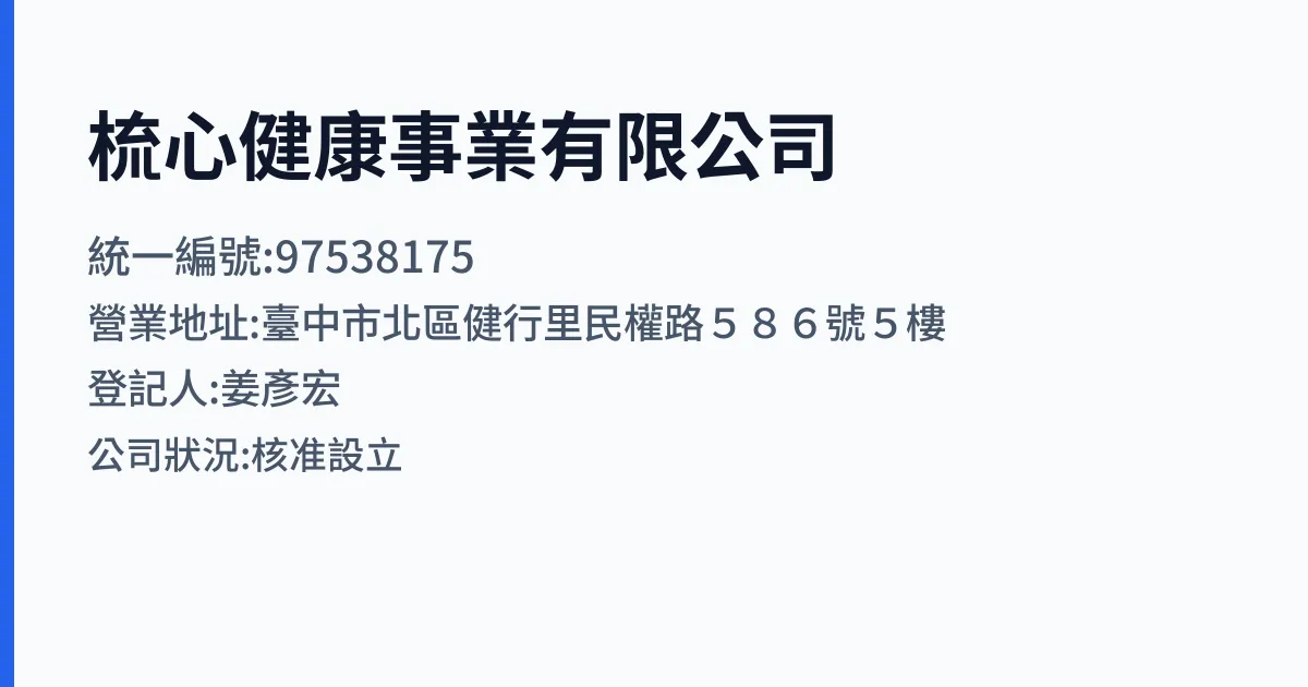 梳心健康事業有限公司 - 統編 97538175(臺中市) 公司登記資料與營業項目詳細圖表