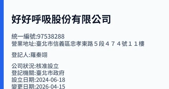 好好呼吸股份有限公司的照片-統編 97538288(臺北市) 公司登記資料與營業項目詳細圖表