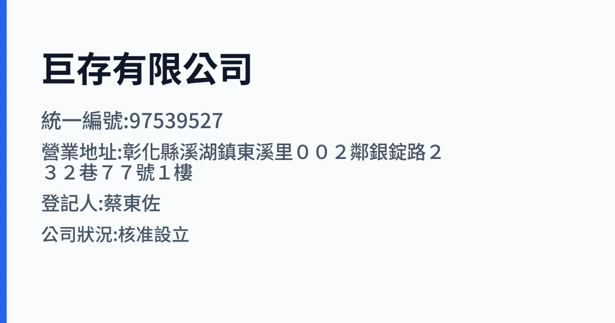 巨存有限公司 - 統編 97539527(彰化縣) 公司登記資料與營業項目詳細圖表